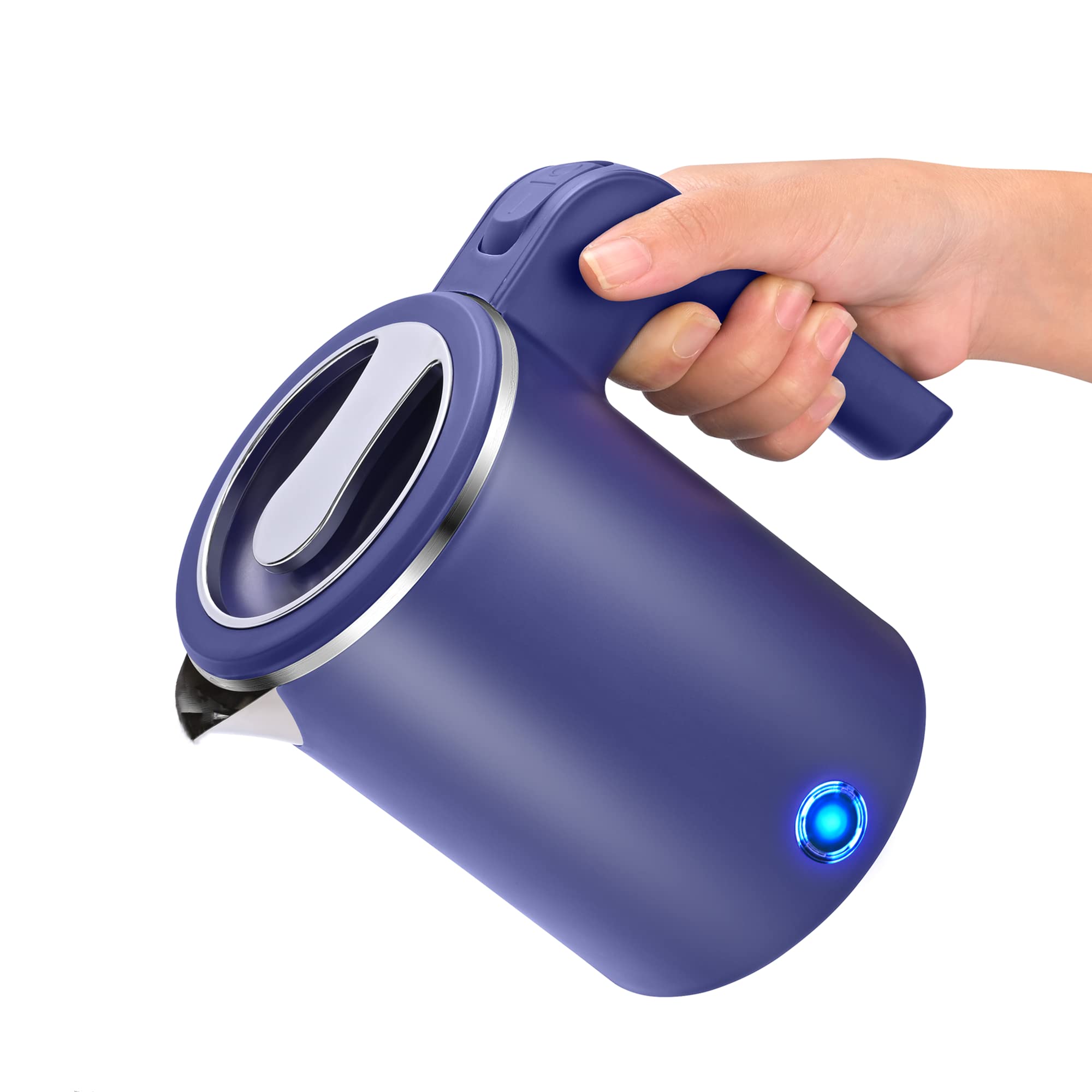 Small Electric Kettles Stainless Steel for Boiling Water, 0.6L Travel Mini Hot Water Boiler Heater, Double Wall Cool Touch Portable Kettle (Blue)