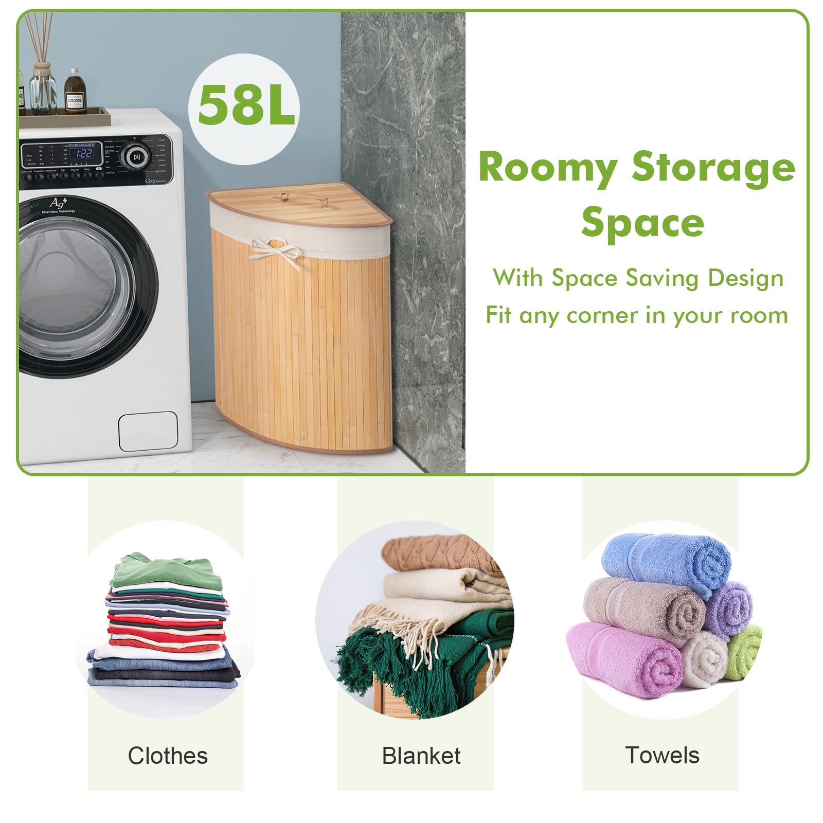 Giantex Corner Laundry Hamper with Lid, 58 L Bamboo Laundry Basket with Removable Liner & Handle, Triangle Clothes Hamper for Small Spaces, Bedroom, Bathroom, Laundry & Living Room (Natural)