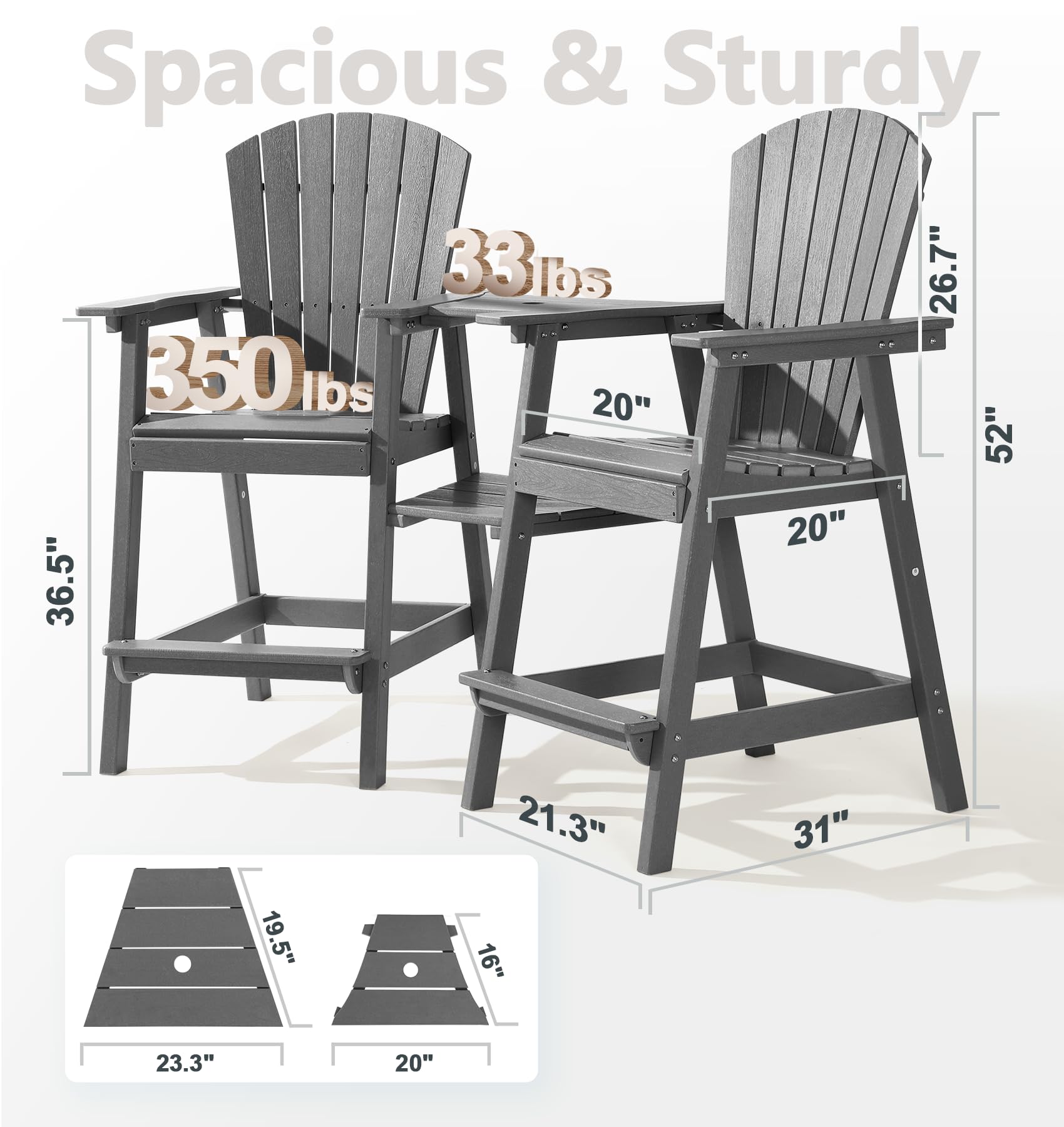PASAMIC Tall Adirondack Chair Set of 2 with Removable Double Connecting Trays