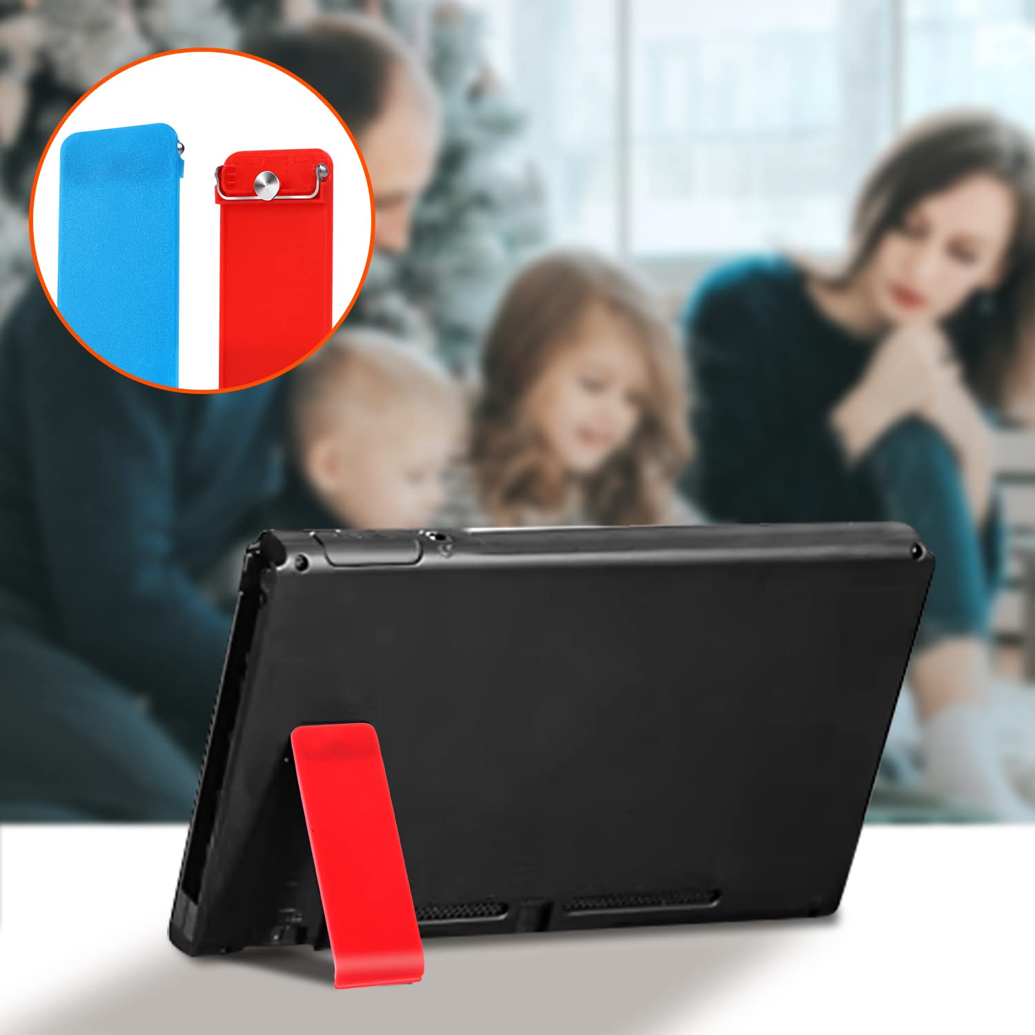 2pcs Back Stand for Nintendo Switch, Replacement Stand for Switch Back Stand Replacement Kickstand Back Shell Holder, with 4pcs Thumb Grips (Red, Blue)