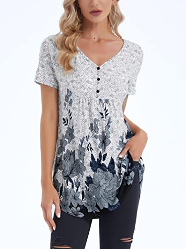 BAISHENGGT Women's V Neck Short Sleeve Buttons Pleated Flared Tunic Tops Grey - Peony XXL