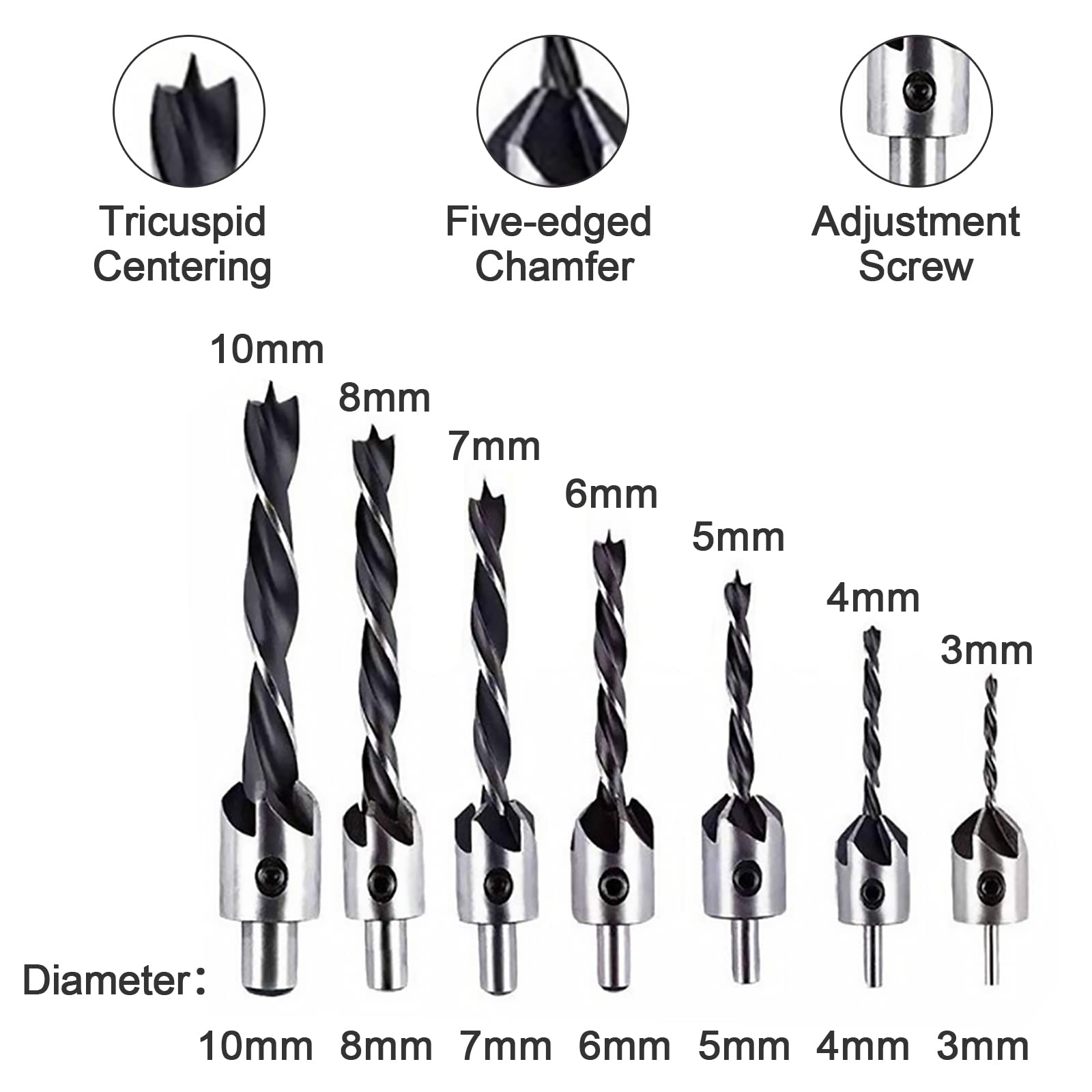 34 Pack Wood Working Chamfer Drilling Tools 6 Countersink Drill Bits 7 Counter Sinker Drill Bit Set 8 Wood Plug Cutter with L-Wrench 8 Drill Stop Bit Collar Set 3 Step Drill Bits