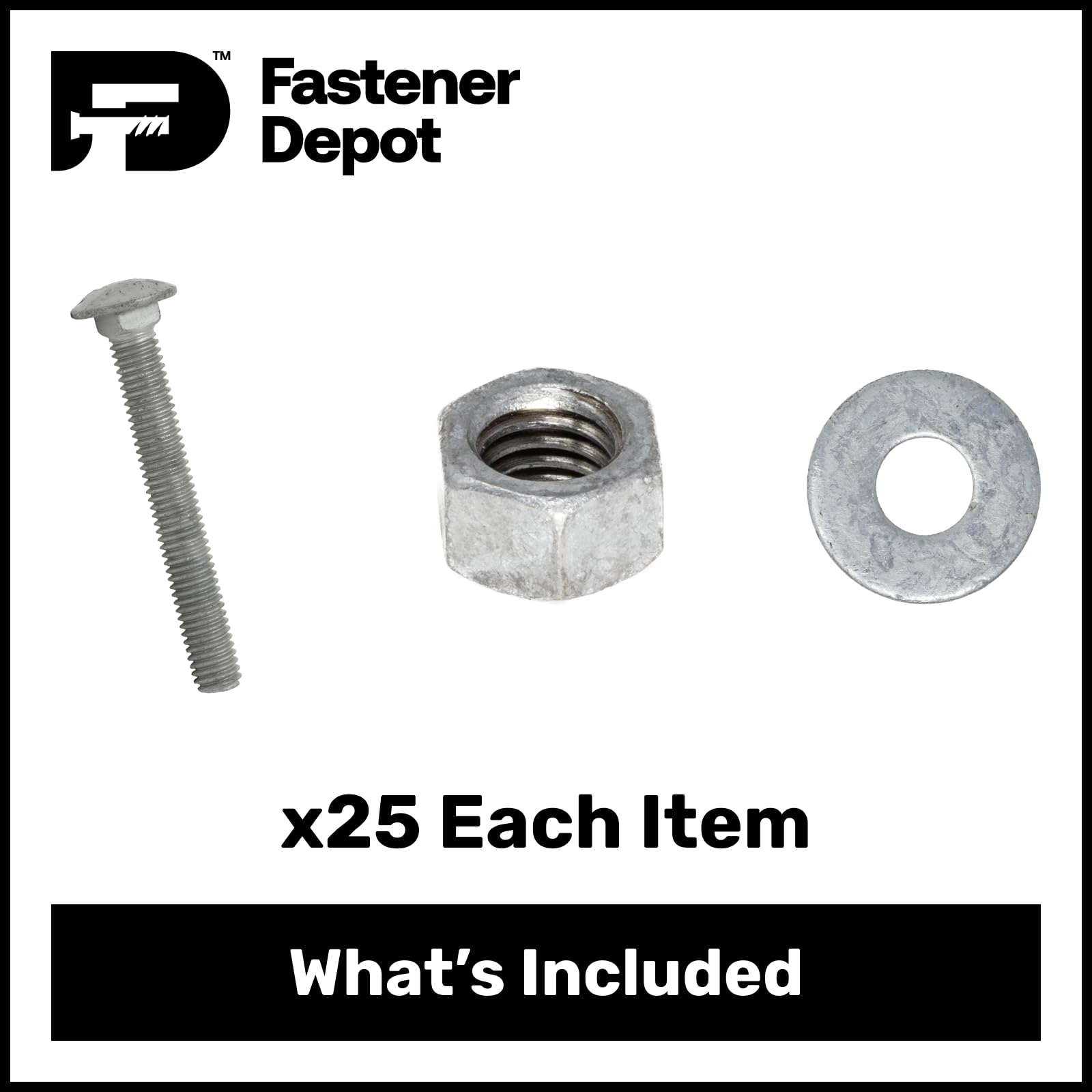 FASTENER DEPOT 1/2inches-13 x 5inches Hot Dipped Galvanized Carriage Bolt w/Nuts & Flat Washers, Quantity 25 - by Fastener Depot, LLC