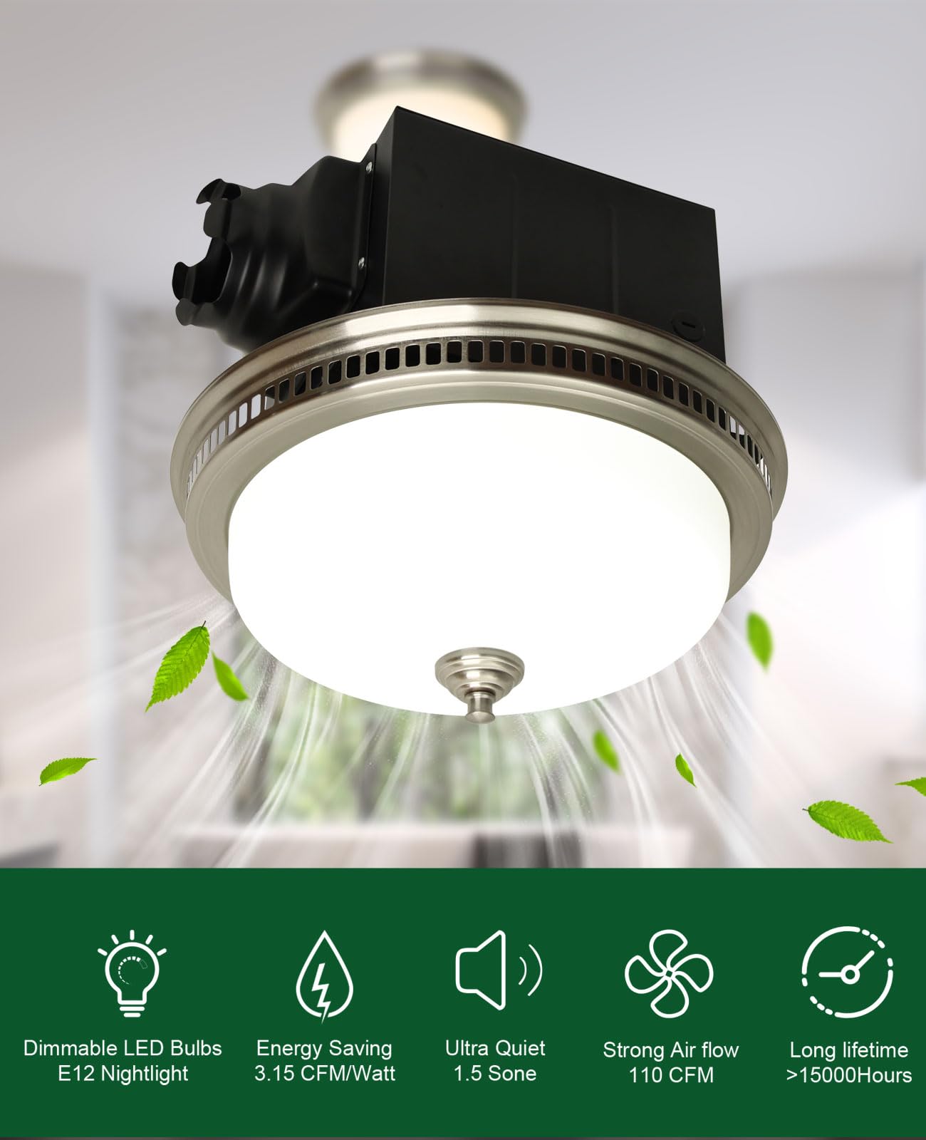 Akicon Exhaust Fan, Ultra Quiet 110CFM 1.5 Sones Ventilation Exhaust Bathroom Fan with Light and Nightlight, 3 Years Warranty (Brushed Nickel)