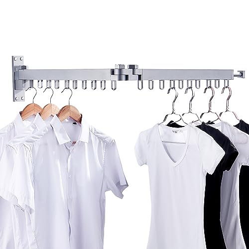 Bakala Retractable Clothes Drying Rack, Wall Mounted Space Saver Heavy Duty Laundry Clothes Hanger Rack with Towel Bar, Collapsible Clothes Dry Racks for Balcony, Mudroom, Bedroom
