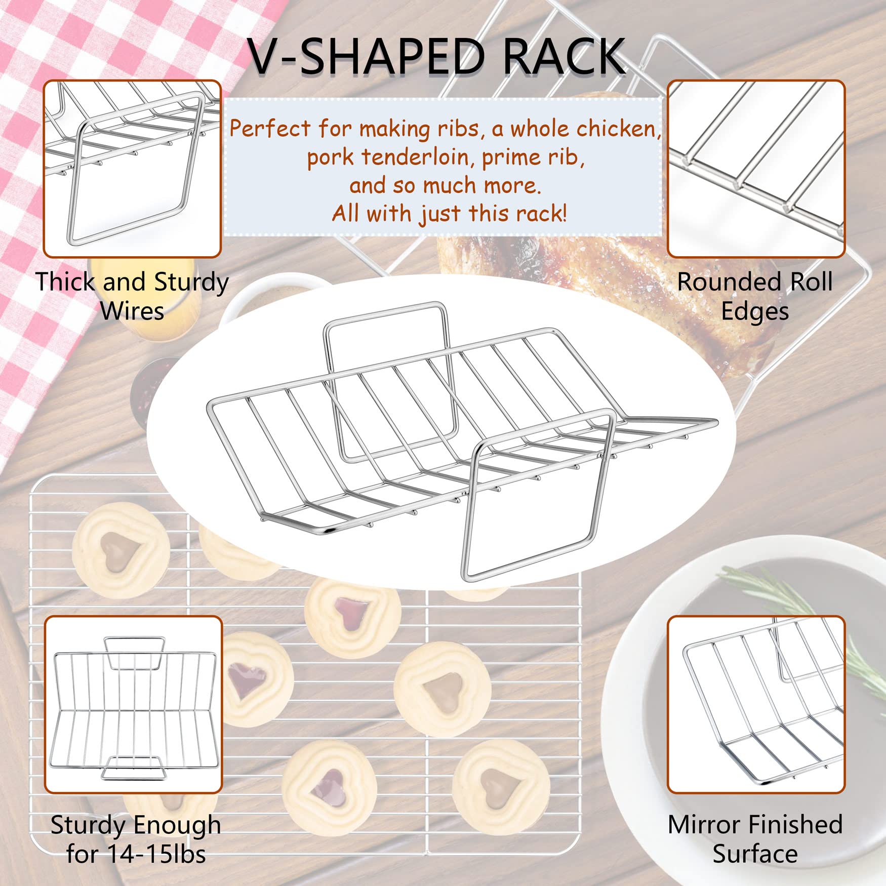 Roasting Pan with Rack Set of 3(Deep Broiling Pan & V-shaped Rack & Flat Cooling Rack), Herogo 14 Inch Stainless Steel Turkey Roaster Pan for Thanksgiving Christmas, Dishwasher Safe