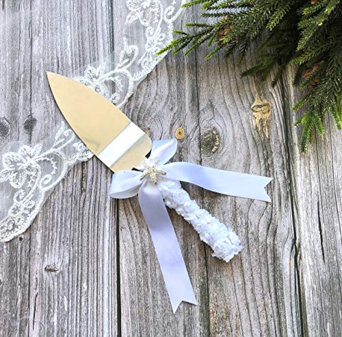 Abbie Home Wedding Cake Knife and Server Set - Flower Wrapped Handle with Silk Bow and Rhinestone Jewelry Décor (Starfish)