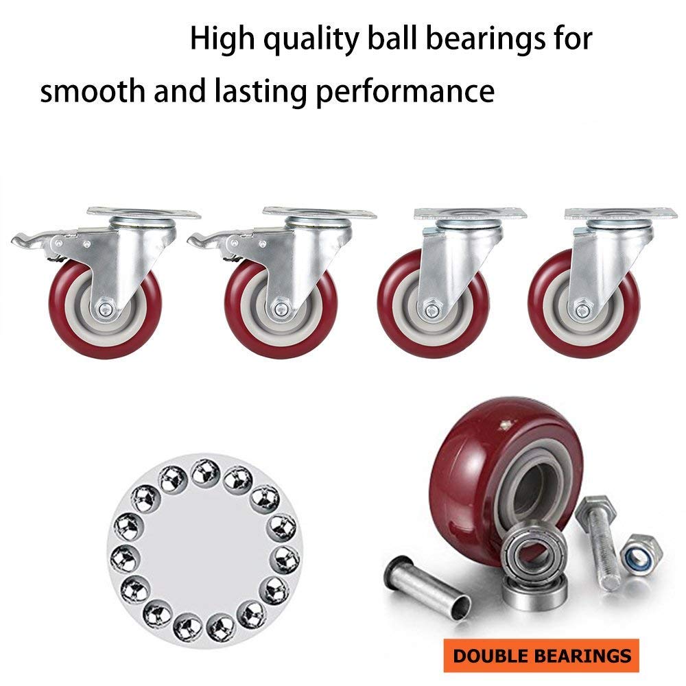 4 Inch Caster Wheels, Set of 4, Heavy Duty Casters Load 2400lbs with Brakes & Top Plate, 360-degree Swivel Casters for Furniture and Workbench Cart (Free Hardware Kit)