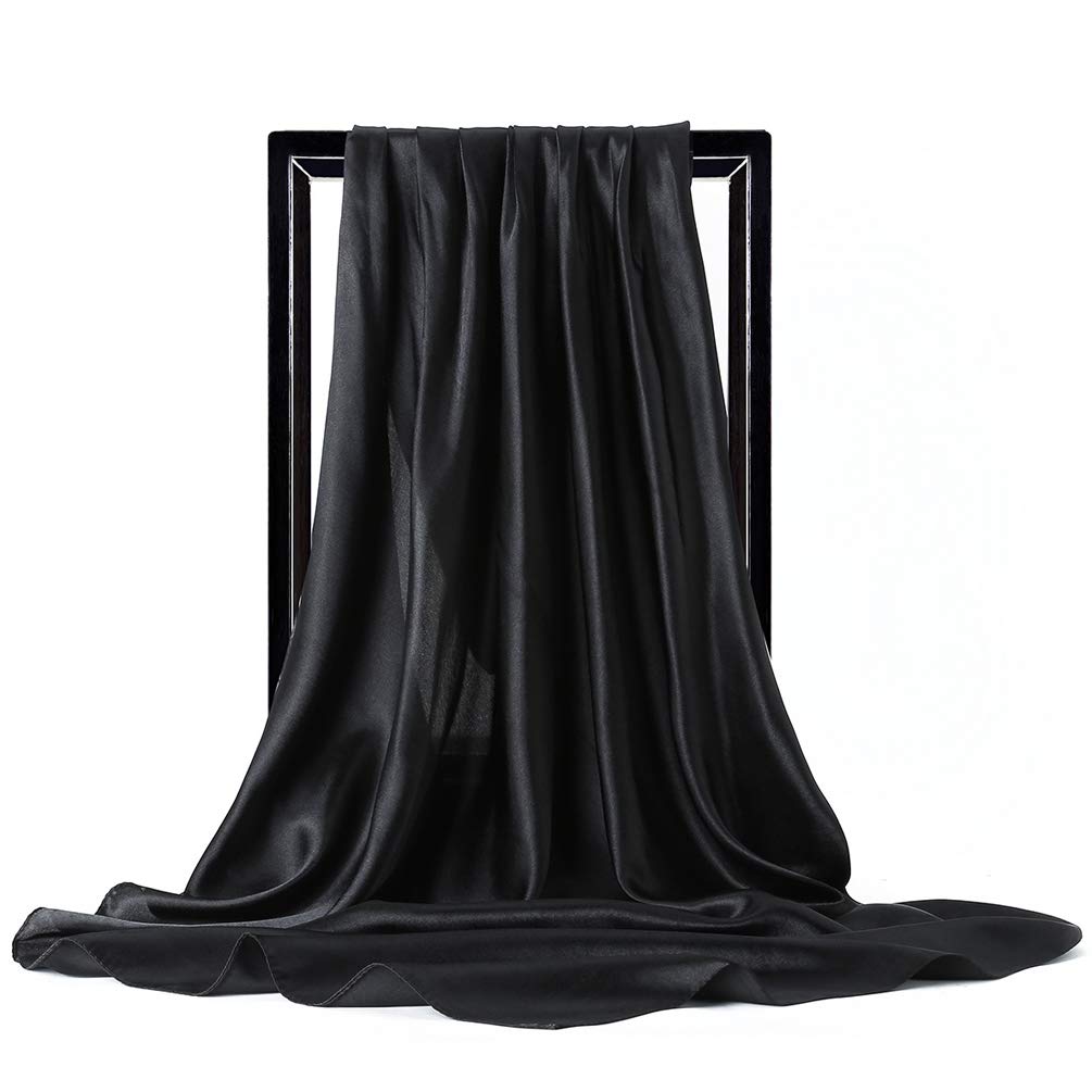35" Womens Large Satin Square Scarf Silk Feeling Hair Wrapping Gift Headscarf Scarves Black