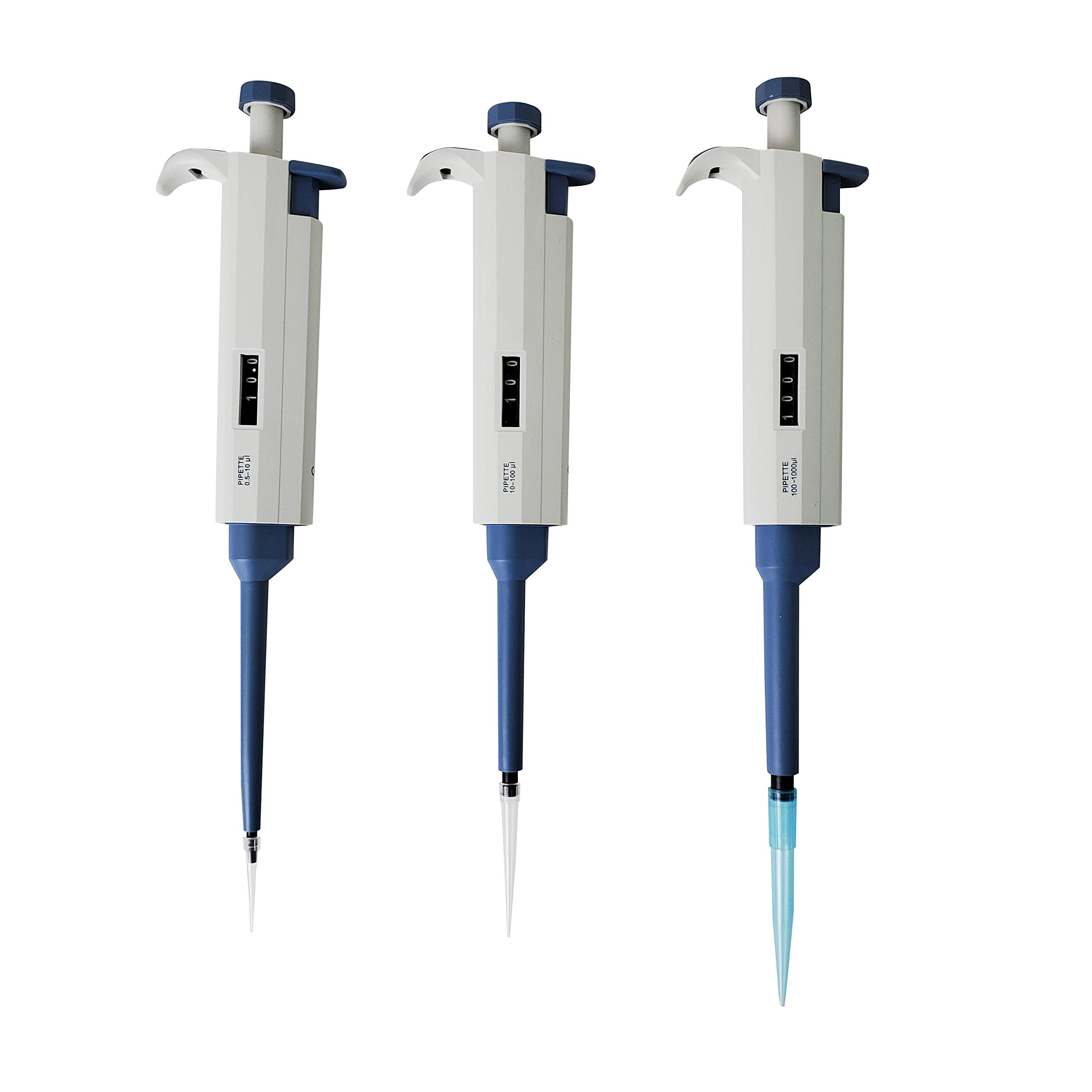 Set of 3 Variable Volume Single Channel Pipettes, Adjustable Pipettors, 0.5-10 µl, 10-100 µl, 100-1000 µl with 3 boxes of sterile pipette tips