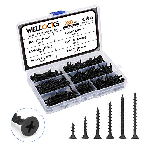 WELLOCKS Drywall Screws 230 Pcs #6×5/8" to 2-1/2" Wood Screws Assortment Kit Self Tapping Black Coating Bugle Head Coarse Phillips Sharp Point Fast Drilling for Wood Drywall Sheetrock (D158)