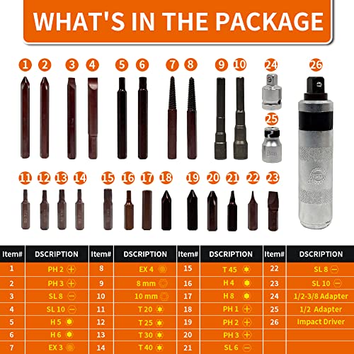 AKM Hand Manual Reversible Impact Driver Set Extractor-26 PCS Impact Screwdriver S2 Steel Hex Phillips Slotted Screwdriver Bits Much More Durable Disengage Rusted Fasteners or Frozen Bolts