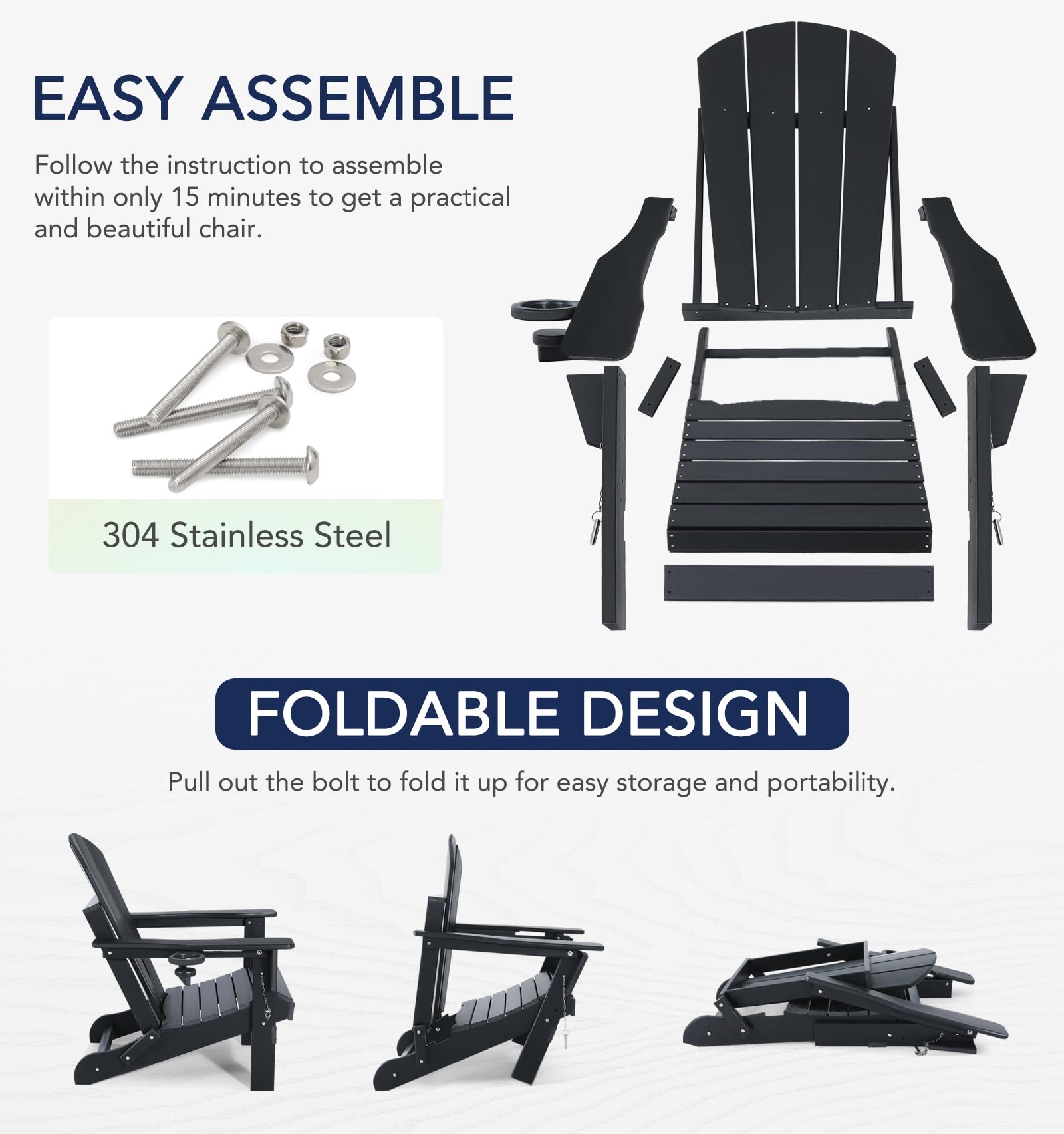 ABCPATIO Folding Adirondack Chair with Footrest - Outdoor Weather Resistant Plastic Adirondack Chairs with Detachable Ottoman, Stackable Seating with Cup Holder for Patio (Seat Width 20", Black)