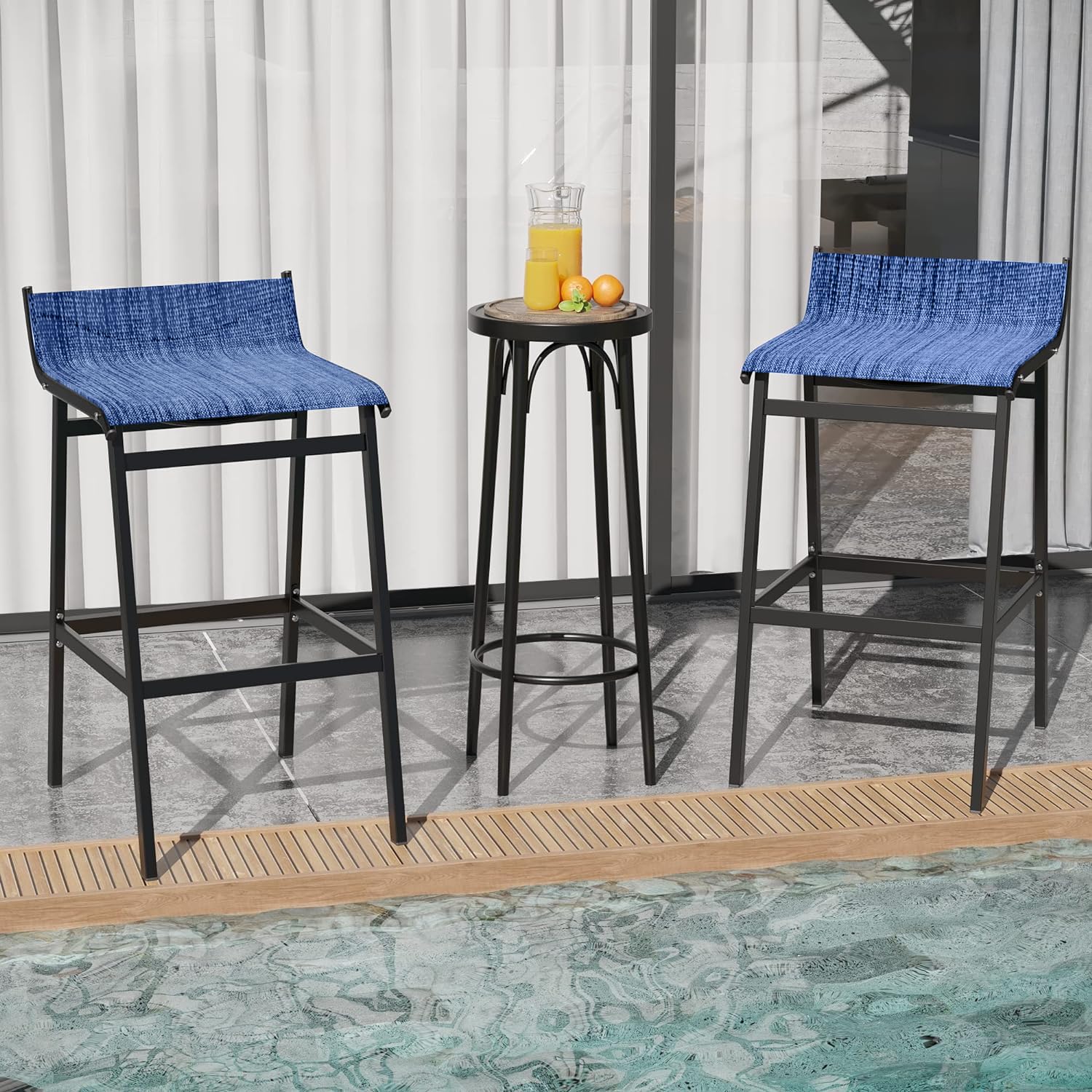 Sundale Outdoor Patio Metal Bar Stools Set of 2, Low Back Counter Height Tall Chairs, High Top Armless Pub Seat Barstools for Outside Porch Yard Deck Balcony, Modern Blue