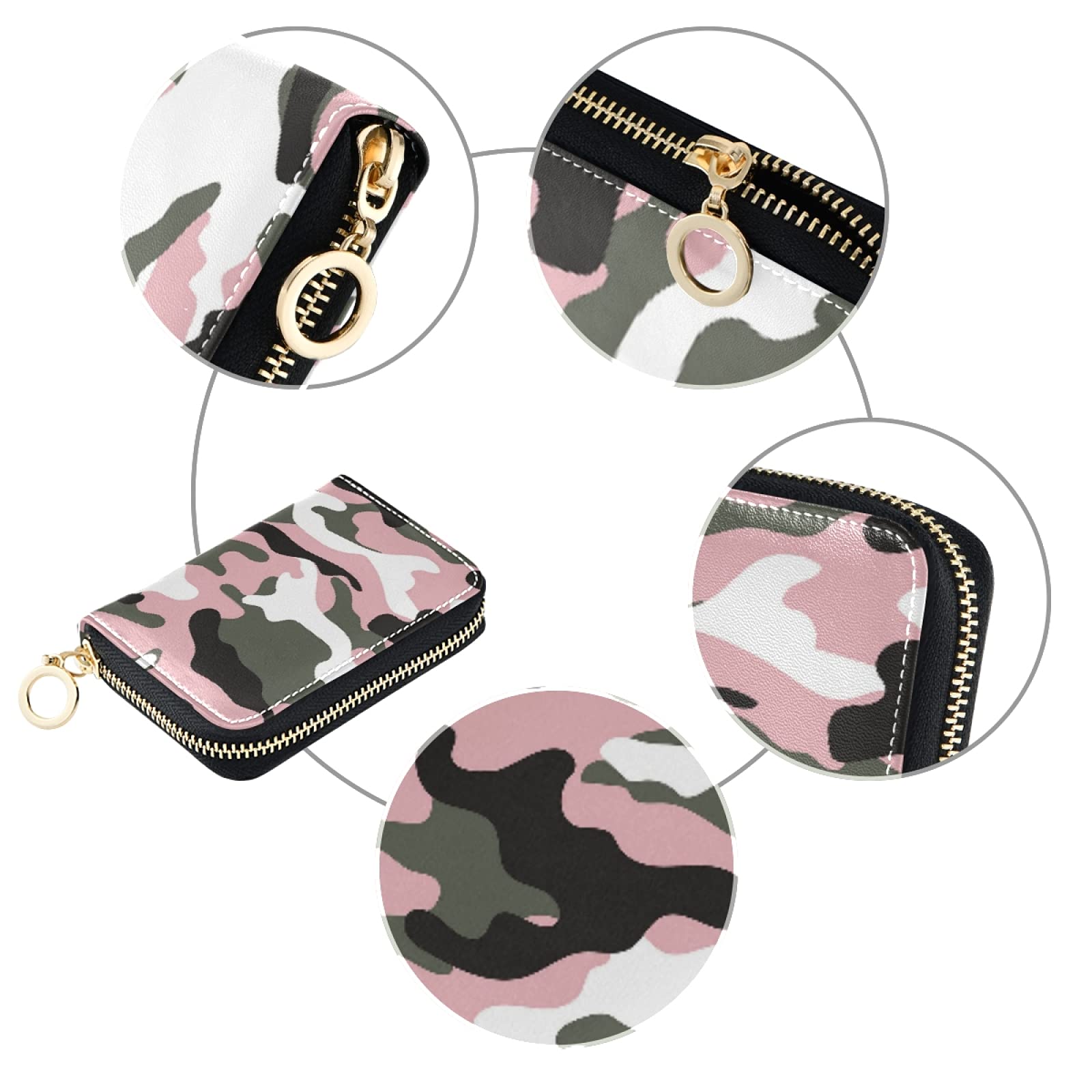 Camo Camouflage Pink Grey White Credit Card Coin wallet, RFID Blocking Compact Women Leather Card Holder, Key Change Organizer, Zipper Purse Clutch Pouch Pocket