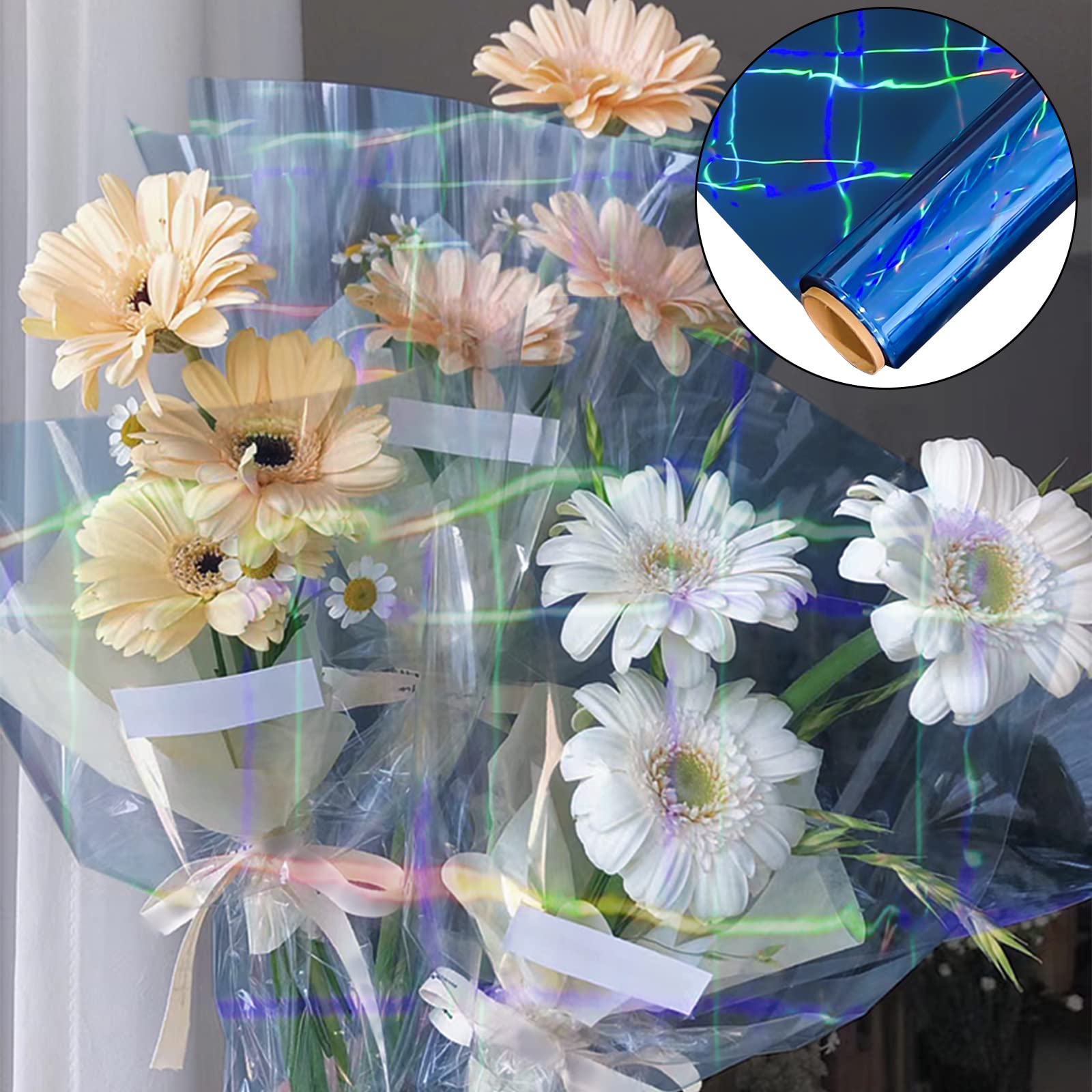 34in x 50ft Cellophane Wrap Roll Blue: Translucent Extra Wide Flower Wrapping Paper, Cellophane Wrap for Gift Baskets Flower, Crafts, Treats, Birthday, Candy Package Flower DIY Wrapping