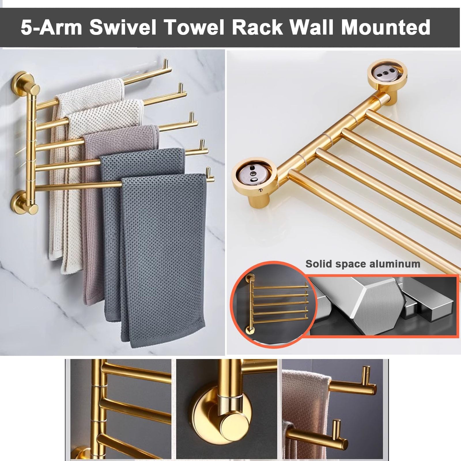 Swivel Gold Bathroom Towel Holder,Swing Out Towel Racks for Bathroom Kitchen,Wall Mount Drying Racks for Laundry,Rustproof Solid Aluminium Towel Hanger Storage Organizer Space Saving Towel Rails