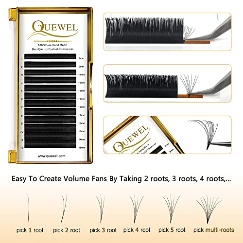 QUEWEL Volume Eyelash Extensions | 0.03-0.12mm | C/CC/D/DD Curl | 8-25mm Length | Easy Fan 2D-20D Self Fanning Volume Lashes 0.07D Mix-8-15mm Long Lasting Blooming Lashes(0.07D Mix8-15)