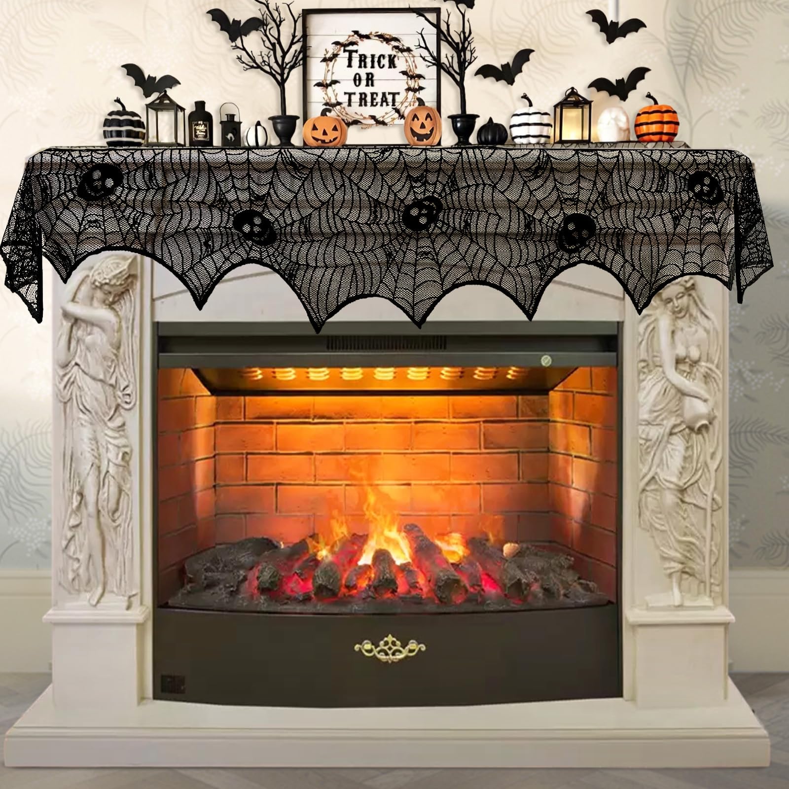 AerWo Halloween Decorations Indoor Halloween Fireplace Mantel Scarf, Black Lace Spiderweb Fireplace Cover for Halloween Mantle Decor Festive Party Supplies,18 x 98 inch