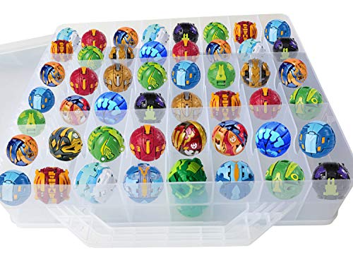 HOME4 Double Sided BPA Free Toy Storage Container - Compatible with Mini Toys, Small Dolls Bakugan, Tools - Toy Organizer Carrying Case - 48 Compartments (Clear)