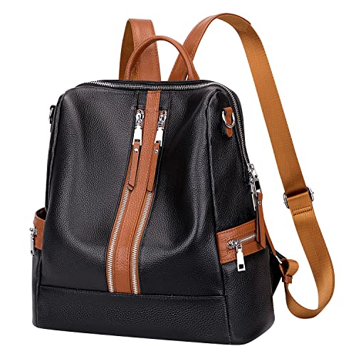 ALTOSY Genuine Leather Backpack Purse for Women Convertible Shoulder Bag Crossbody Bag with Laptop Compartment(S77 Black/Brown)