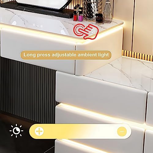 Attega Vanity Desk Set, Makeup Table with LED Lighted Mirror & Drawer Ambient Light, Dresser Desk with Side Cabinet & 9 Drawers Adjustable Dressing Table Set for Bedroom & Bathroom (White, 31.5 Inch)