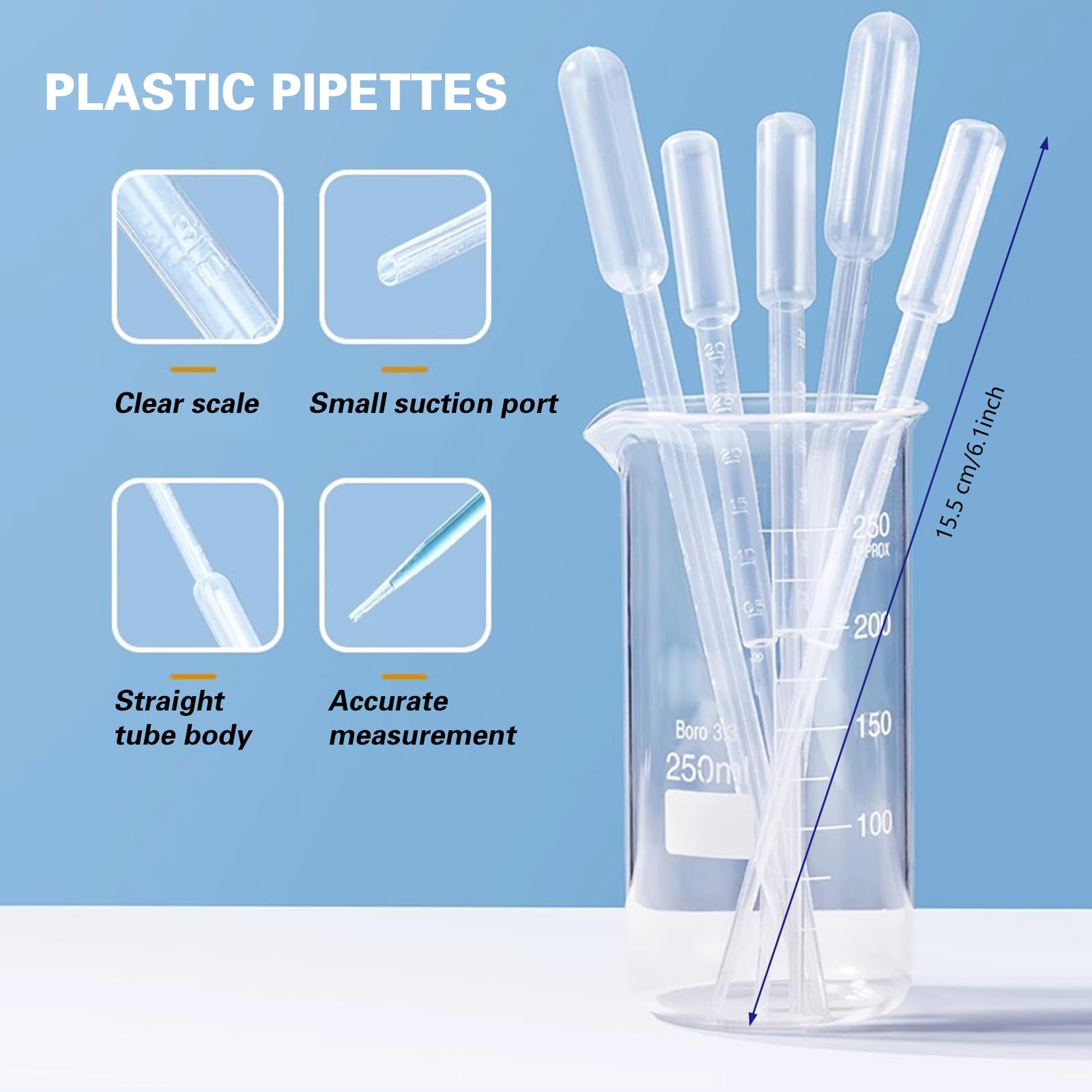 Aeseusia 5PCS Plastic Graduated Beakers Set with Handle,30ml 50ml 100ml 250ml 500ml Beakers with 5PCS Pipettes and Brush, for School and Kids Science Lab