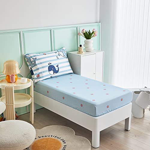 FlySheep 4 Pcs Cotton Toddler Bedding Set, Blue Striped and Whale Printed Ocean Style Soft Comforter Set for Kids Boys n Girls - Includes Quilted Comforter, Flat Sheet, Fitted Sheet & Pillow Case