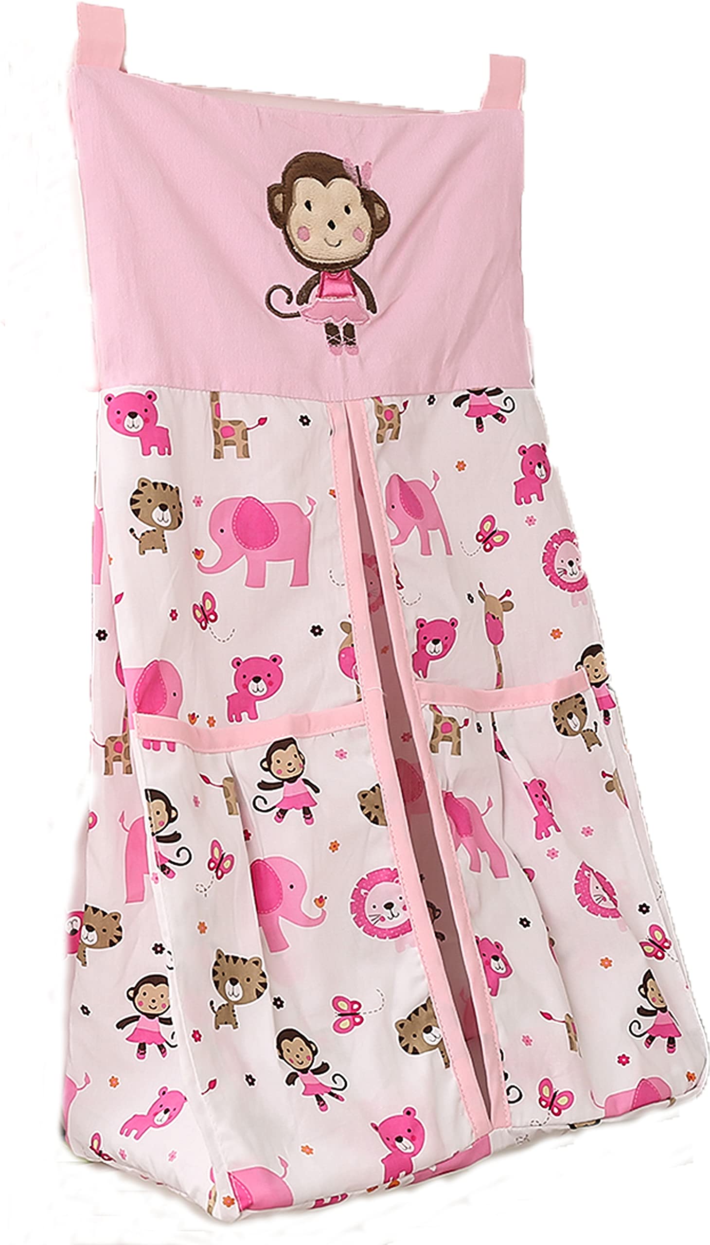 Embroidery Crib Diaper Stacker Pink Birds/Grey Stripe Sports/ Brown Sports/ Beige Crocodile/ Blue Whale Arrow/ Green Elephant/ Pink Monkey Elephant Giraffe Crib Diaper Hanging Bag (Pink Animal)