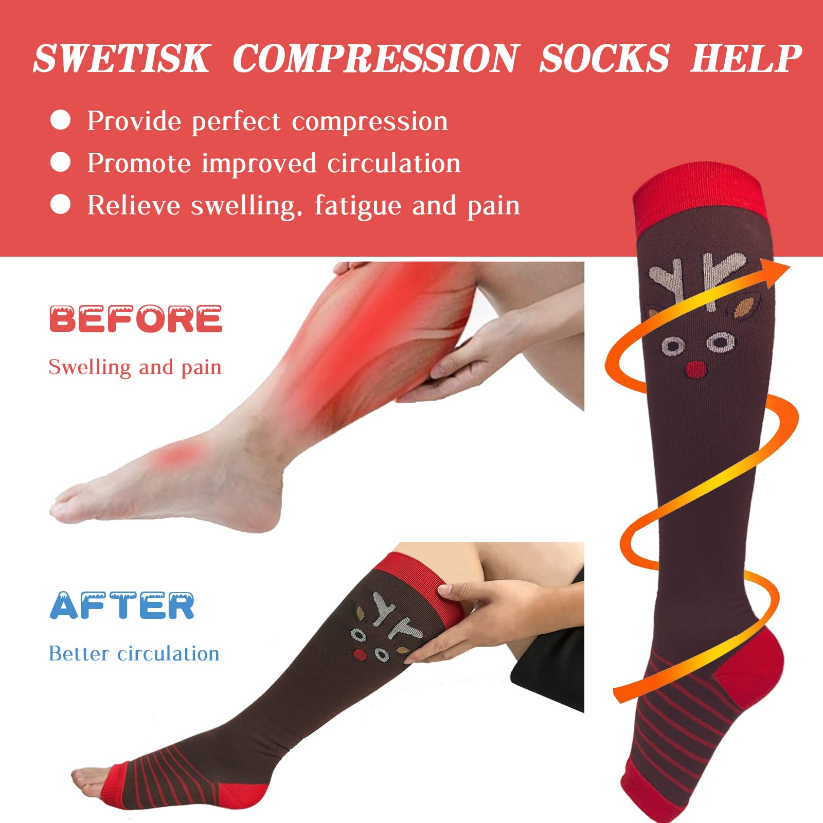 3 Pairs Toeless Christmas Compression Socks for Women & Men Knee High Open Toe Compression Stockings 20-30 mmHg