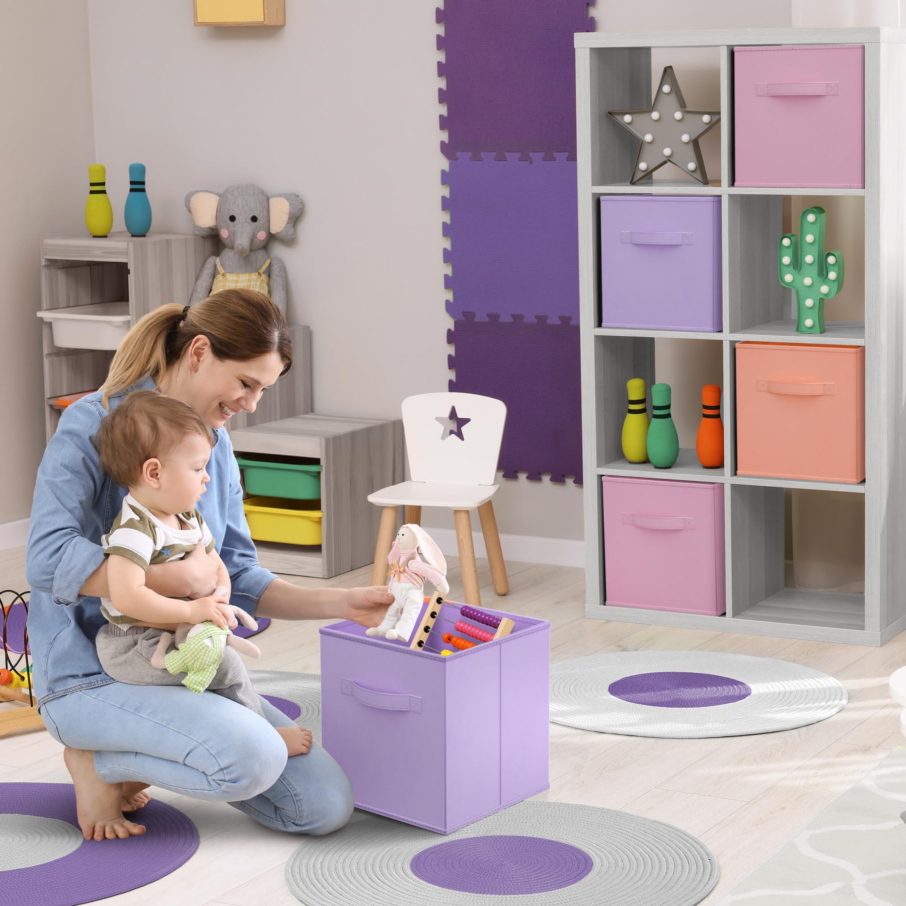 Sorbus 11 Inch Cube Storage Bins Bundle - Set of 6 Pastel Rainbow Bins & Set of 6 Purple, Pink, and Orange Bins (12 Storage Bins Total)