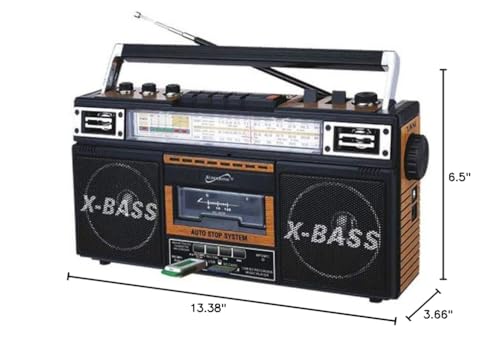 Supersonic SC-3201BT 4 Band Radio & Cassette Player Boombox, Bluetooth Speaker, AM/FM/SW Radio with MP3 Playback, USB & SD Card, 3 Band EQ and Earphone Jack