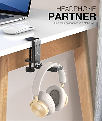 APPHOME Foldable Headphone Stand Hanger Holder, Space-Saving Aluminum Soundbar Stand with Universal Fit for Gaming PC Accessories, Under Desk Clamp Hook Mount, Black