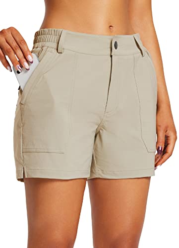 BALEAF Women's 4.5" Hiking Shorts Quick Dry Rip Stop Lightweight Athletic Shorts Stretch with Chop Pork Pockets Zipper UPF 50+ Khaki M