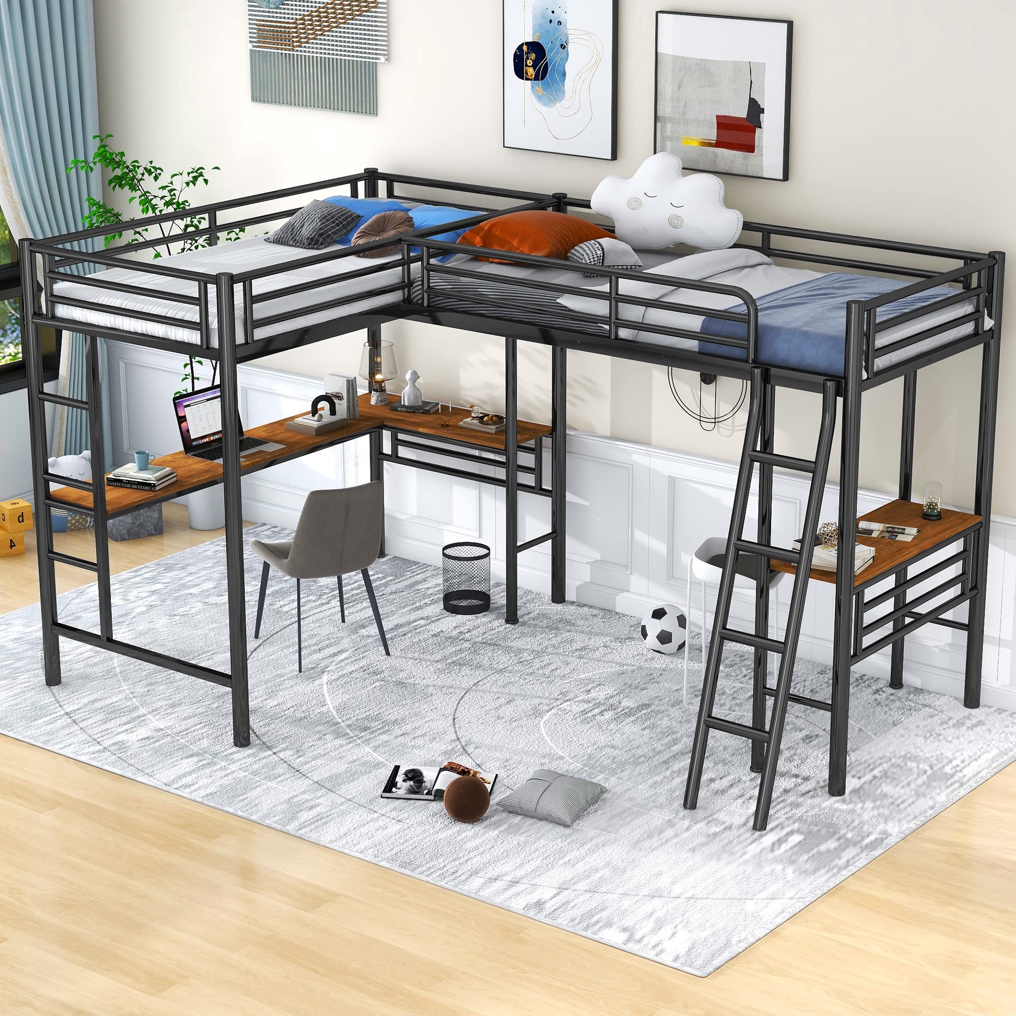 Harper & Bright Designs L Shaped Metal Loft Bed with 2 Desk, Twin Loft Bed with Safety Rail and 2 Ladder, Heavy-Duty Steel Frame Corner Twin Bed for 2 Kids Girls Boys Teens (Twin Size, Black)