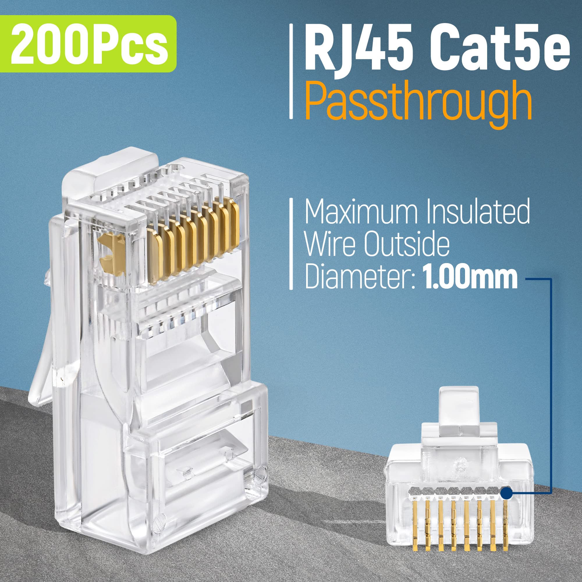 Everest Cat5e RJ45 Pass Through Connector 200-Pack - EZ Cat 5e Pass Through RJ45 Connectors - Cat 5e Connectors - Ethernet Connector, Ethernet Plug - for Solid or Stranded UTP Network Cable