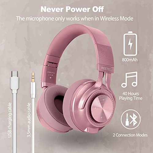 REETEC Wireless Bluetooth Headphones Over-Ear - [40 Hrs Playing Time, Soft Protein Earpads] Foldable HiFi Stereo Wireless Headphones with Microphone, Deep Bass Headset for Phone, PC, iPad - Rose Gold