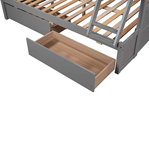 ATY Twin Over Full Bunk Bed with 2 Storage Drawers, Wooden Bedframe w/Ladder & Safety Guardrail, Can be Divided into 2Beds, Save Space, for Bedroom, Guestroom, Dorm,No Box Spring Needed, Gray