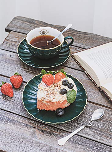 Amazingware Porcelain Tea Set - Tea Cup and Saucer Set Service for 6, with 28 ounces Teapot Sugar Bowl Cream Pitcher Teaspoons and Tea Strainer - for Thanksgiving - Pumpkin Fluted Shape, Dark Green