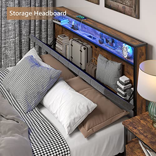 Meitewei Queen Bed Frame with Hidden Storage Headboard and 2 Drawers, LED Smart Bed Frame with Charging Station, Metal Platform Bed Frame Queen Size, No Box Spring Needed, Noise Free, Black