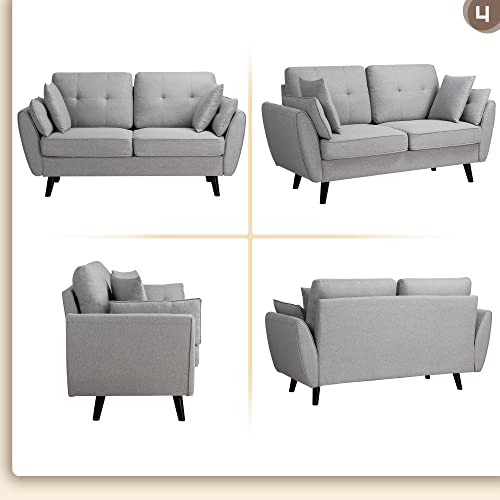 Shintenchi 63" Modern Fabric Loveseat Sofa Couch for Living Room Upholstered 2-Seat Low Back Deep Seat with 4 Pillows Furniture for Bedroom, Office,Studio Easy Assembly Light Grey