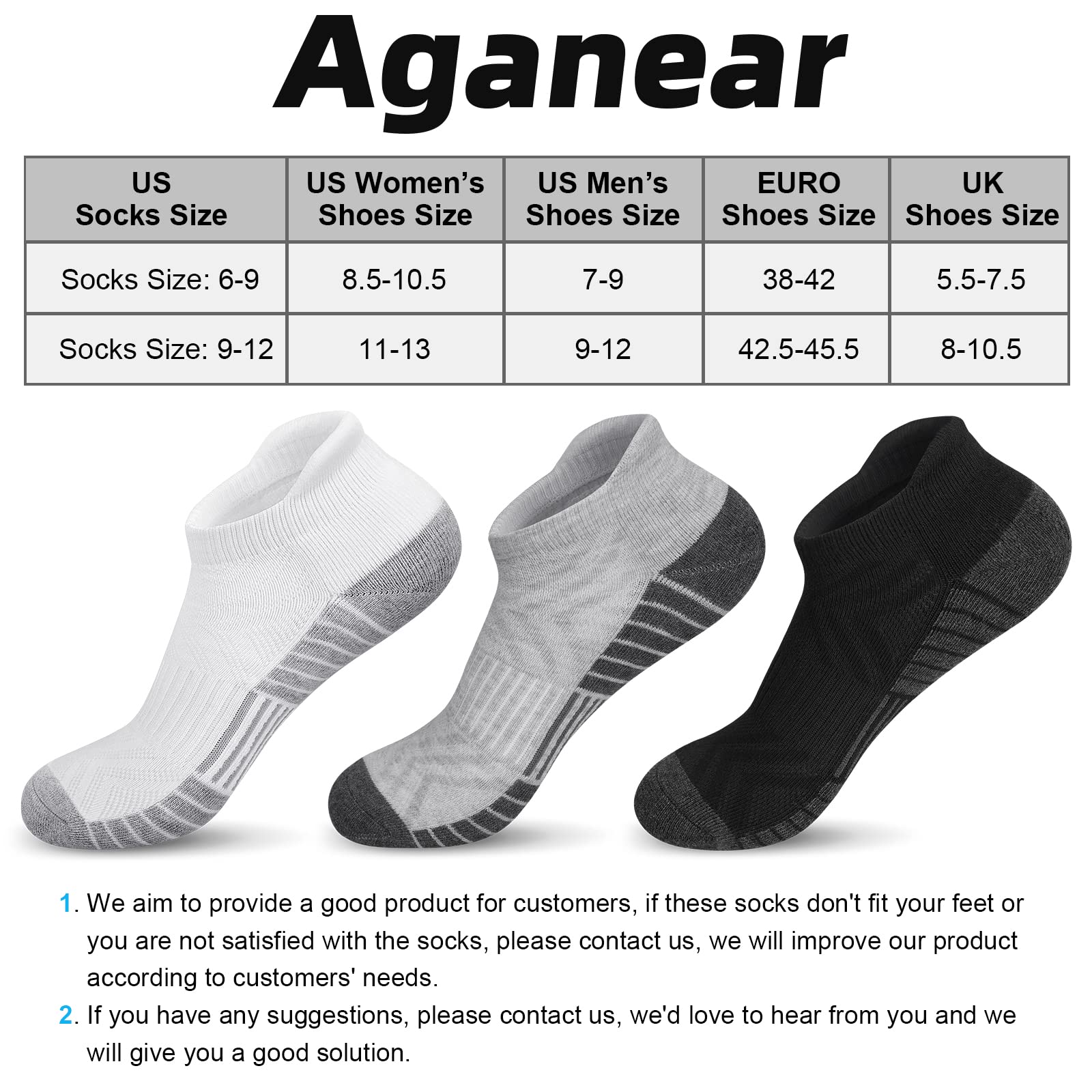 Aganear Athletic Running Socks, Sports Socks for Men Women, Cushioned Breathable Ankle Socks with Arch Support, 6 Pairs (6-9, Grey)