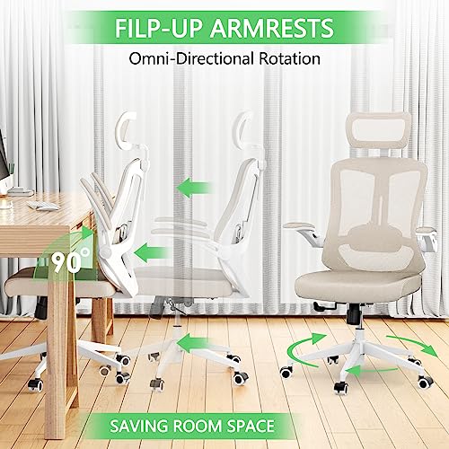 balmstar Ergonomic Office Chair, Home Office Desk Chair with Adjustable Headrest & Lumbar Support, Swivel High Back Computer Chair, Breathable Mesh Desk Chair, PU Silent Wheels, Flip-Up Arms (Khaki)