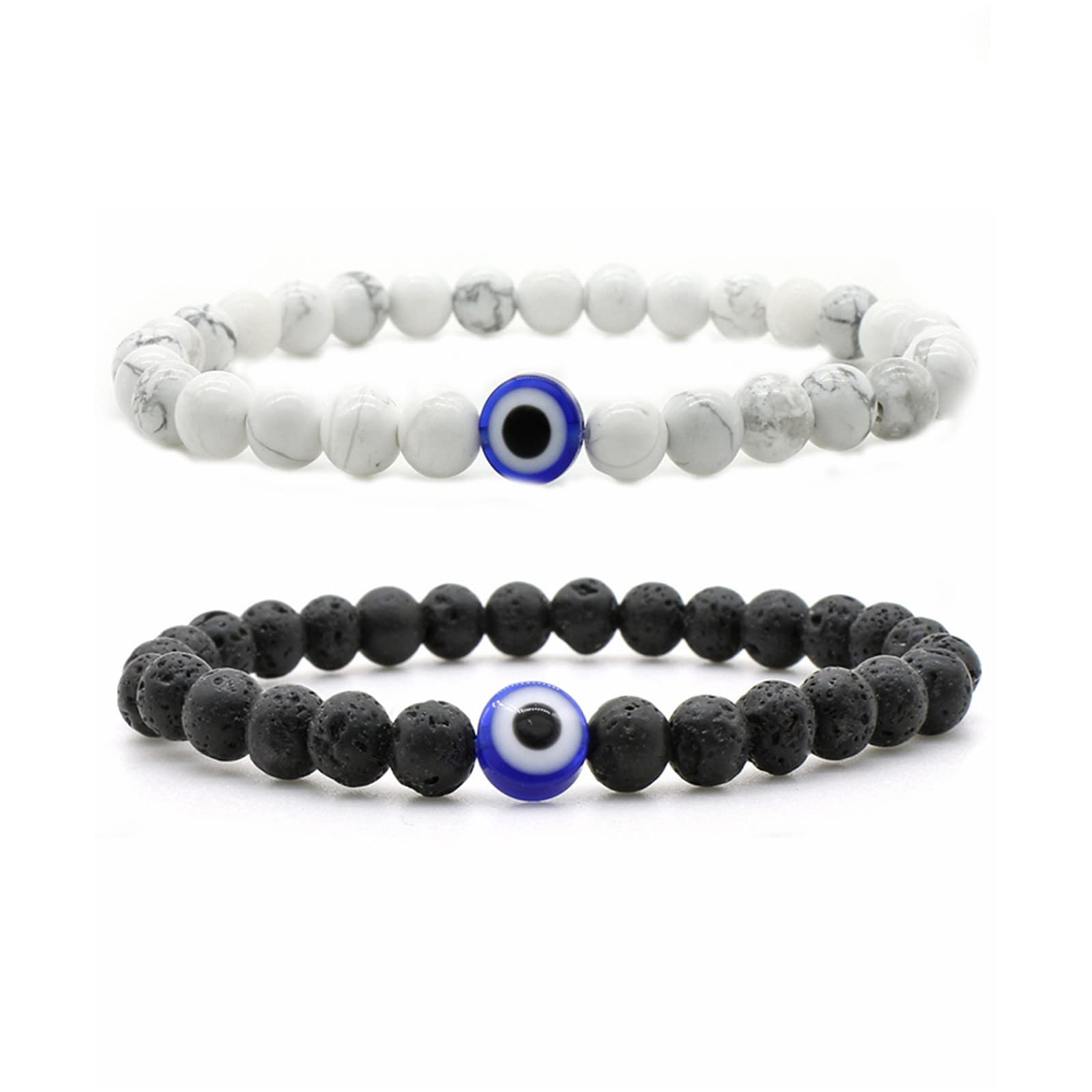 2Pcs Lucky Turkish Blue Evil Eye Hamsa Hand of Fatima Beaded Stretch Bracelet Elastic 7 Chakras Gemstone Lava Stone Bracelet for Women Men Good Luck Protection Amulet Jewelry-G blalck