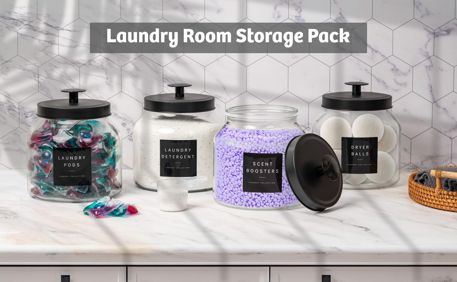 4 Pack Laundry Room Organization and Storage Containers 64 Oz With Labels, Half Gallon Glass Laundry Organizer Jar Holder For Laundry Pods, Scent Booster, Detergent, Dryer Balls Includes 4 Scoops
