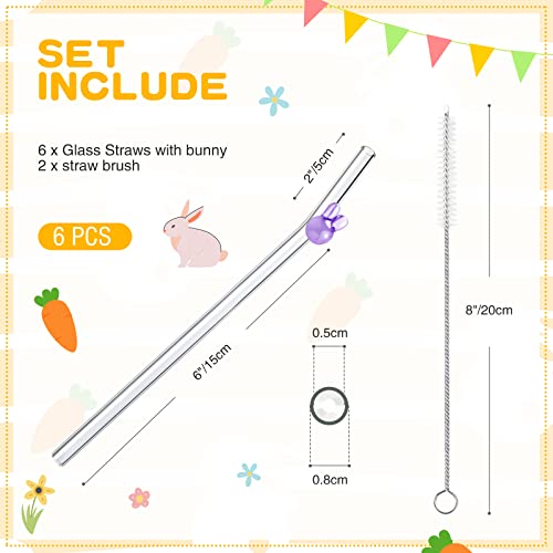 6 Pcs Reusable Glass Straws, Cute Bunny on Clear Straws with Design 7.9 in x 8 mm Colorful Shatter Resistant Bent Drinking Straws with 2 Cleaning Brushes for Beverages, Shakes, Juices, Cocktails