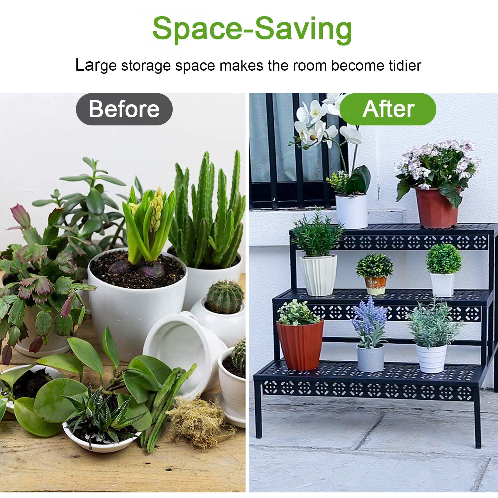 aboxoo 3 Tier Stair Style Large Metal Plant Stand, Garden Display Shelf Flower Pot Holder Storage Organizer Rack for Indoor Home Outdoor Patio Balcony Yard( Black, Rectangle)