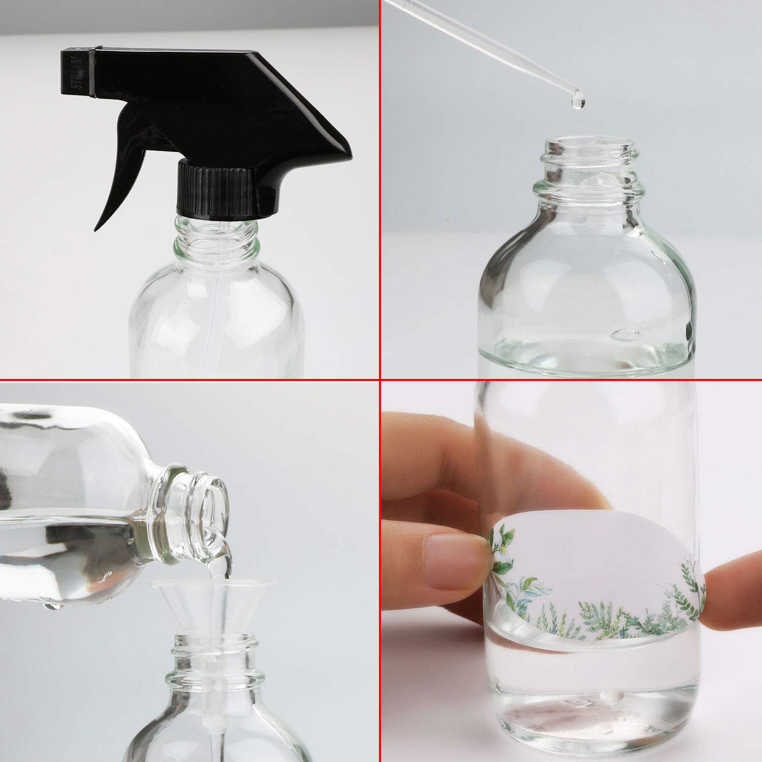 Maredash Clear Spray Bottles, Clear Glass Storage Bottle w/Black Trigger Sprayer & Labels & Lids, Refillable Container for Water, Essential Oils, Cleaning Products, etc (8 oz, 6 Pcs)…
