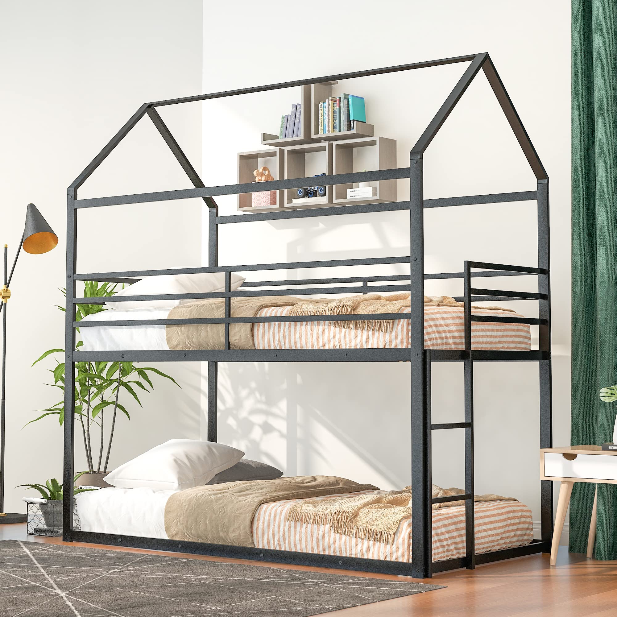 LostCat Twin Over Twin Metal Bunk Bed, House Low Bunk Bed Frame w/Safety Guardrail & Ladder, No Box Spring Needed, SEasy to Install, for Kids, Teens, Girls, Boys, Black