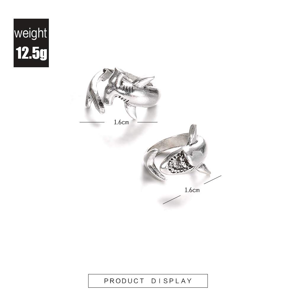 2pcs White Shark and Hammerhead Shark Rings Necklace Ocean Animal Personality Jewelry for Women Men-2pcs Rings